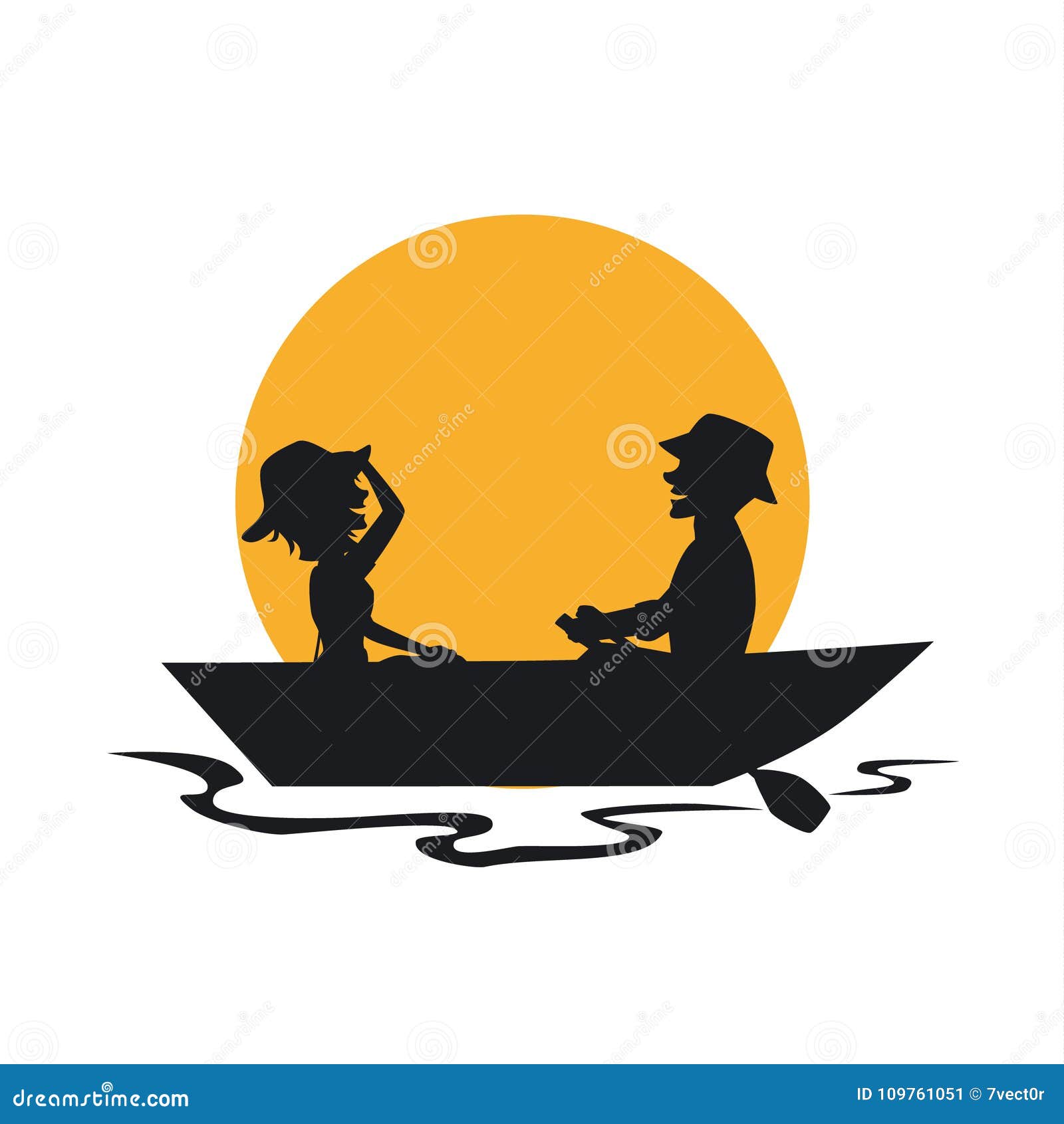 Silhouette Of Couple Having A Romantic Trip On A Rowing Boat Cartoon ...