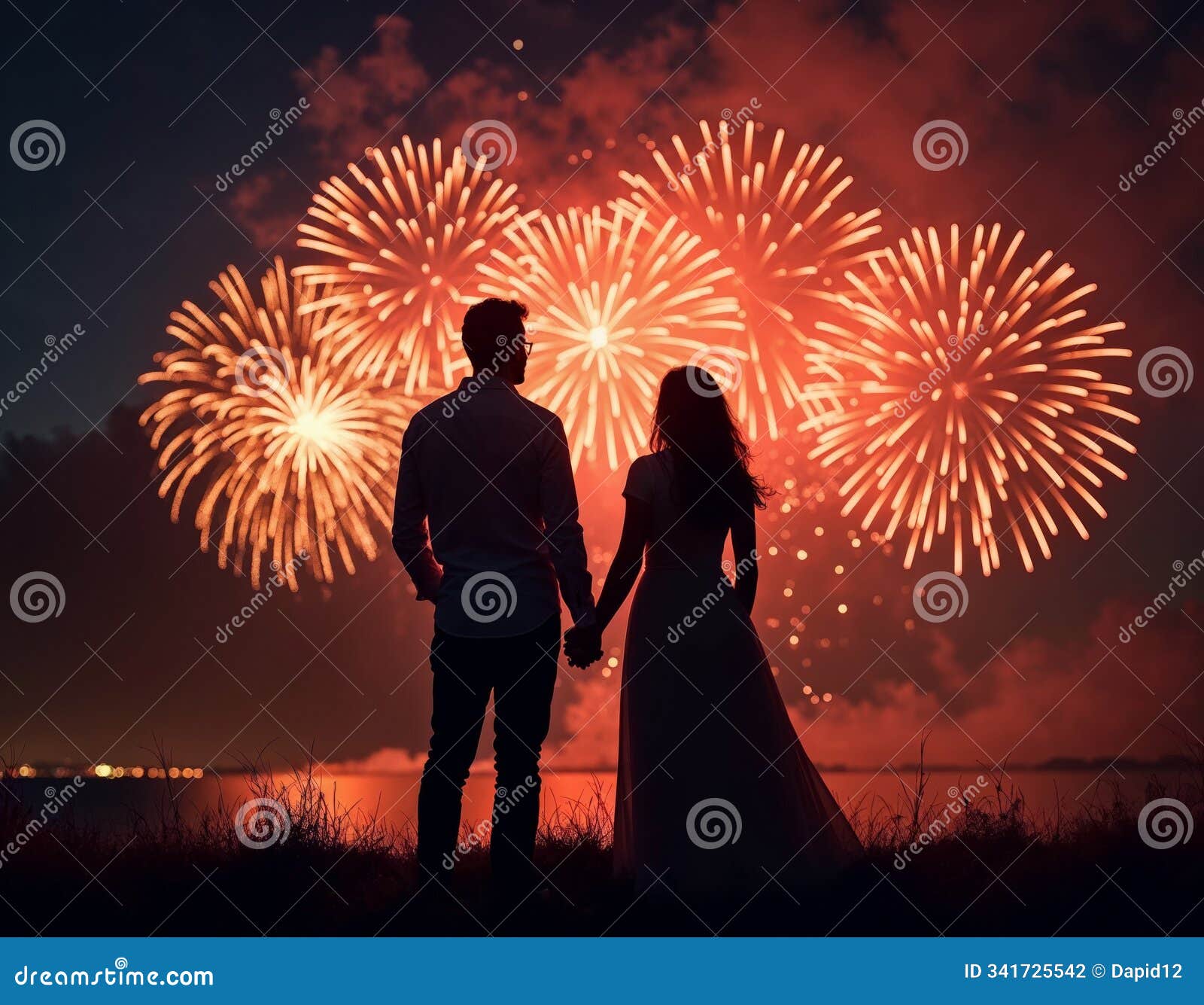 Silhouette of a Couple Holding Hands in Front of Fireworks Exploding in ...