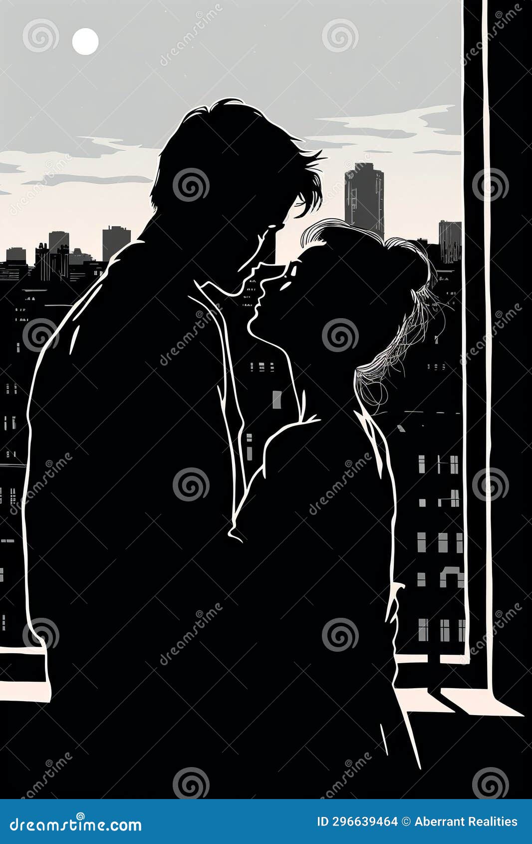 Silhouette of a Couple Kissing in Front of a Window Stock Illustration ...