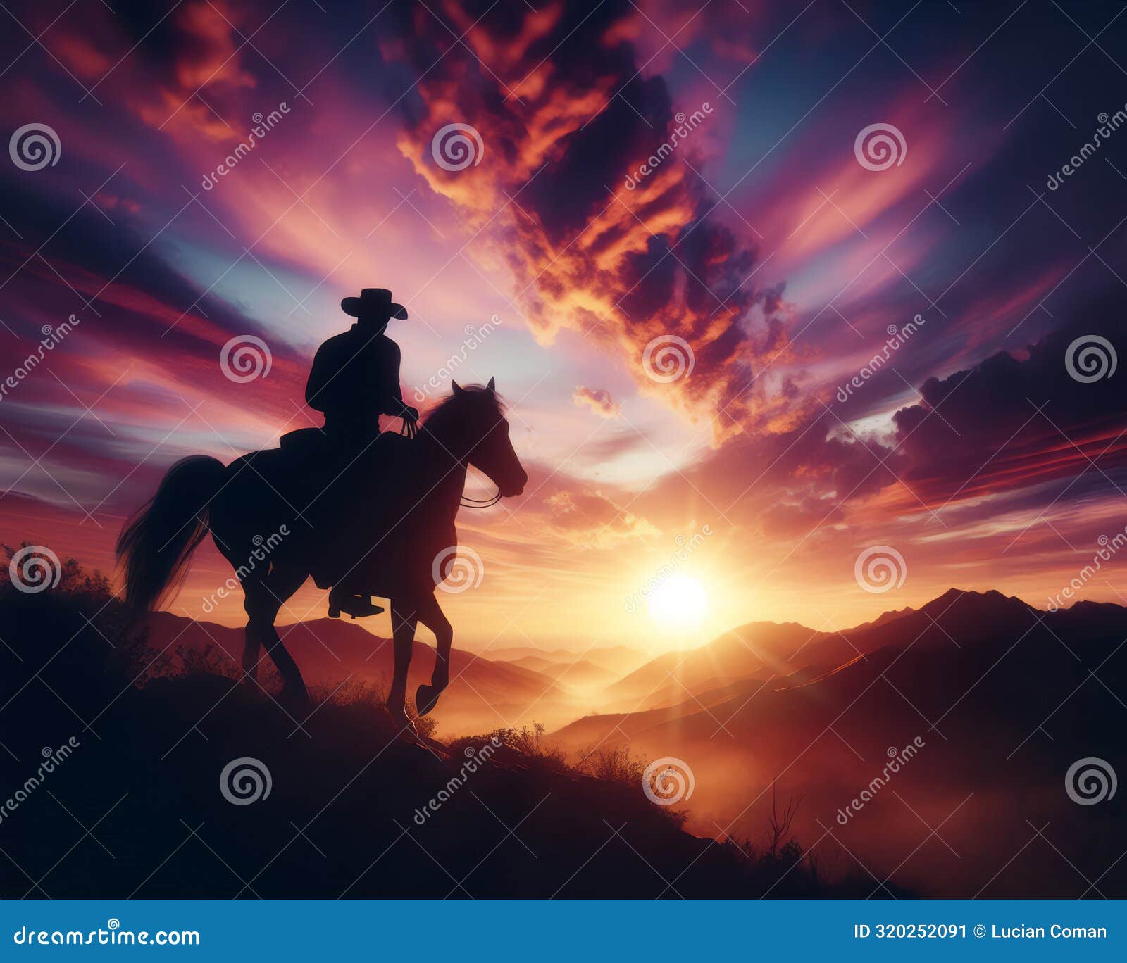 Silhouette of a Cowboy Riding into the Sunset, Dreamy and Optimistic ...