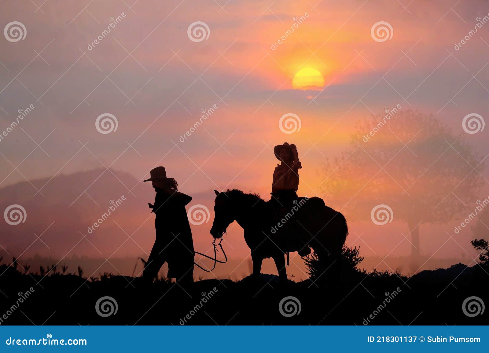 Silhouette of the Cowboy and the Setting Sun Stock Image - Image of ...