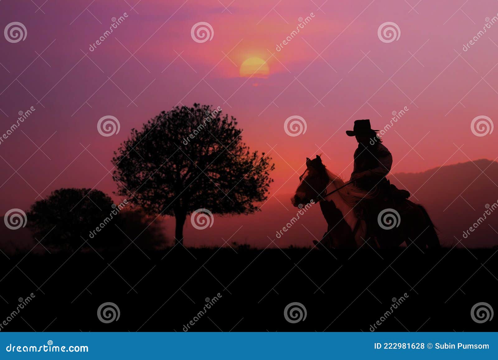 The Silhouette of the Cowboy and Setting Sunset Stock Photo - Image of ...