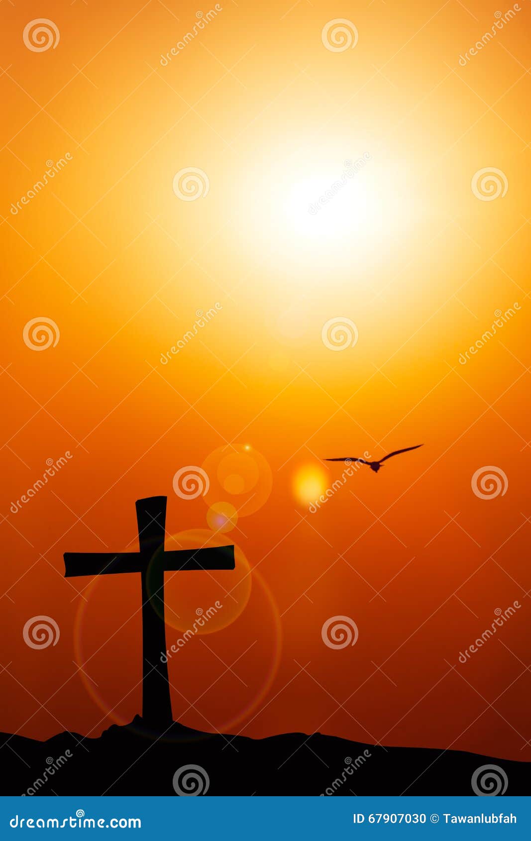Silhouette of the Cross and Bird with the Sunset Flare. Stock Photo ...