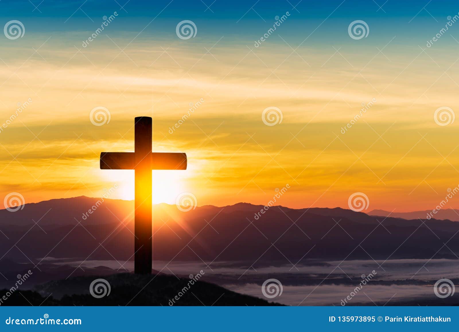 Silhouette of Cross on Mountain Sunset Background Stock Image - Image ...