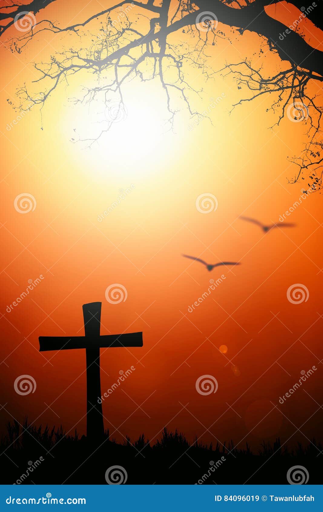Silhouette of the Cross and Tree with Blurred Bird with Flare at Stock ...