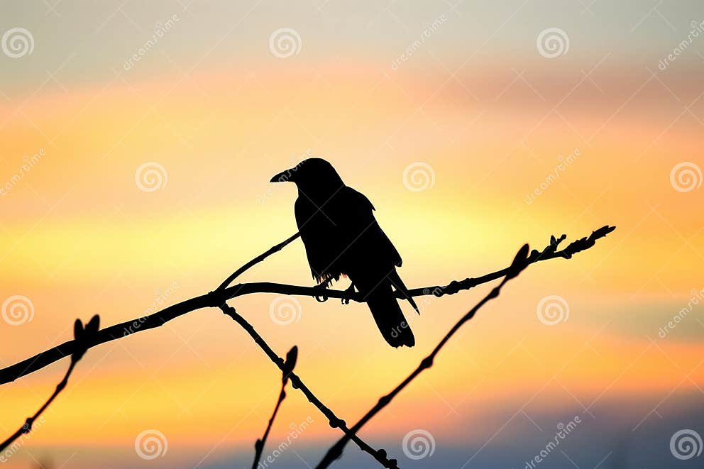 Silhouette of a Crow on a Bare Branch with a Cold Sunset Sky Stock ...