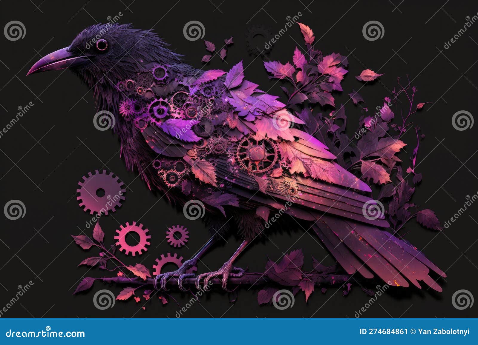 Silhouette of a Crow in Profile Made of Gears Flowers. Generative AI ...