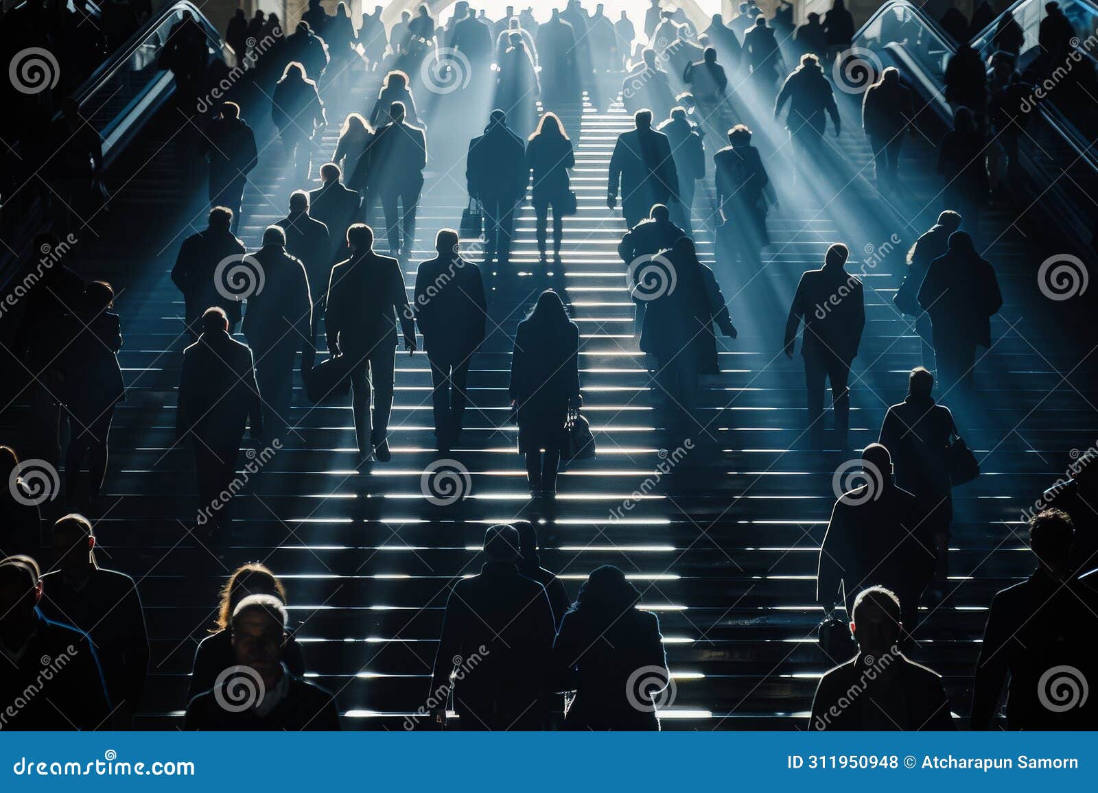 Silhouette of Crowded People Walking Up and Down the Stairs Stock Photo ...