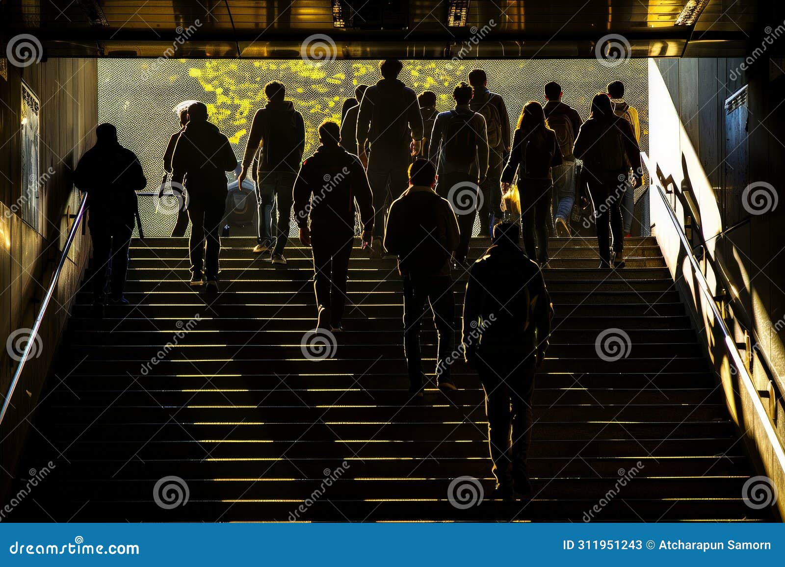 Silhouette of Crowded People Walking Up and Down the Stairs Stock ...