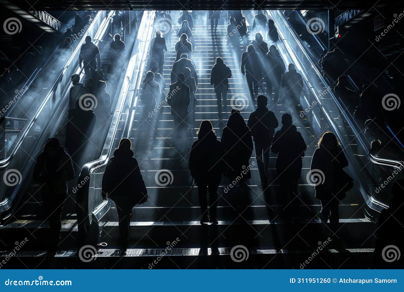Silhouette of Crowded People Walking Up and Down the Stairs Stock ...