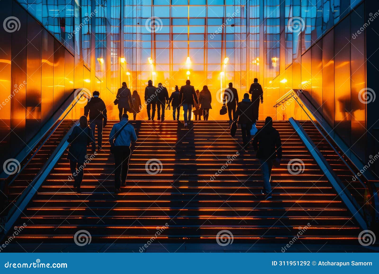 Silhouette of Crowded People Walking Up and Down the Stairs Stock ...