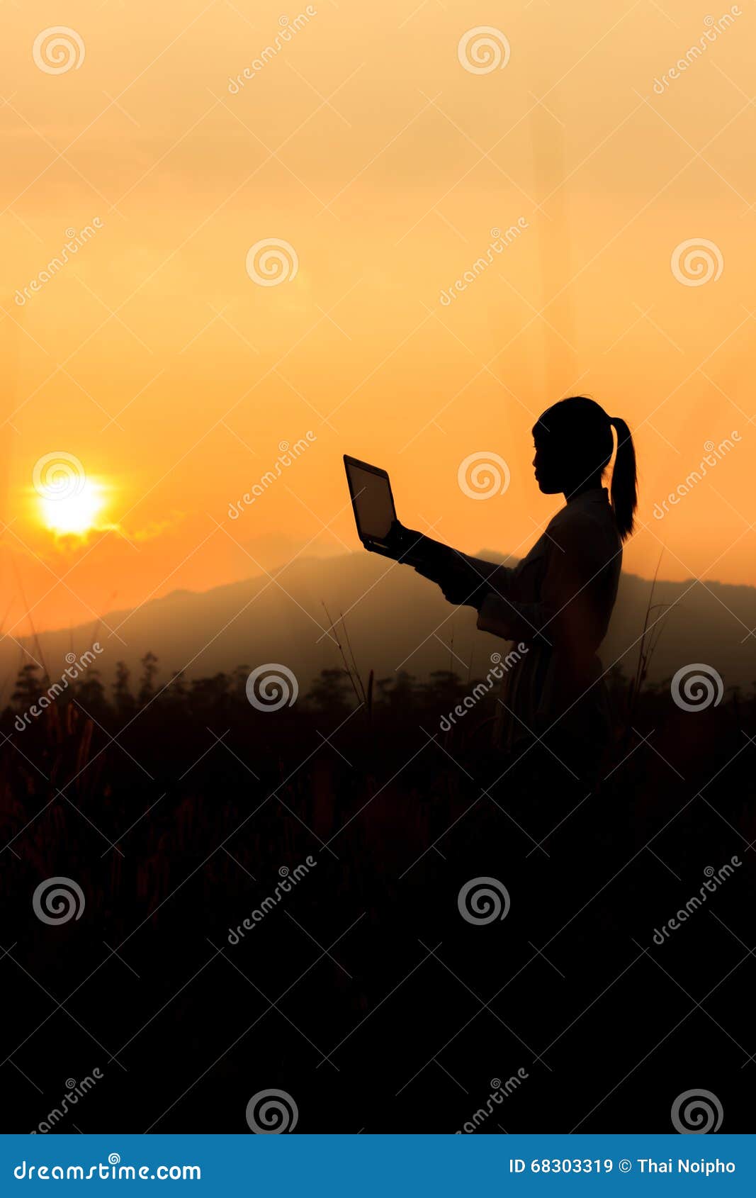 A Silhouette of a Cute Girl with Computer Stock Image - Image of ...