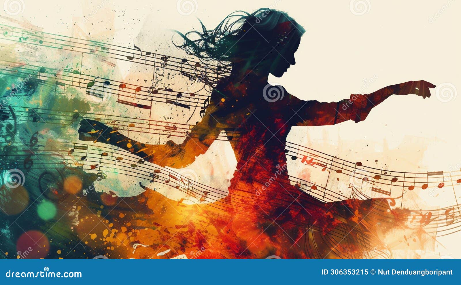 Silhouette of Dancer in Dynamic Double Exposure with Music Notes Stock ...