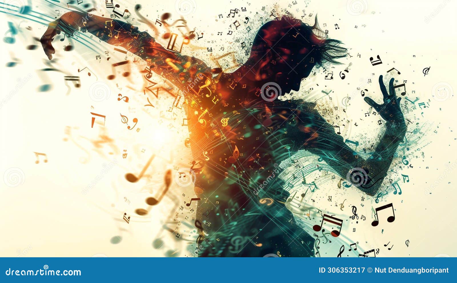 Silhouette of Dancer in Dynamic Double Exposure with Music Notes Stock ...