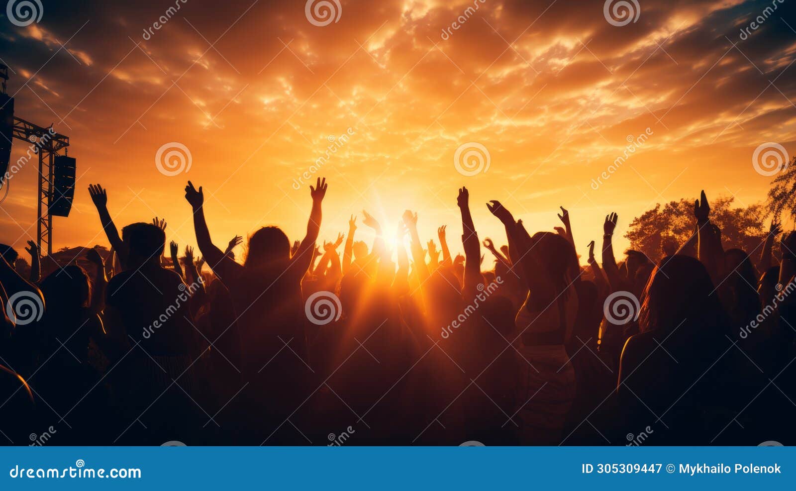 Silhouette of a Dancing Crowd Against a Sunset Background. Neural ...