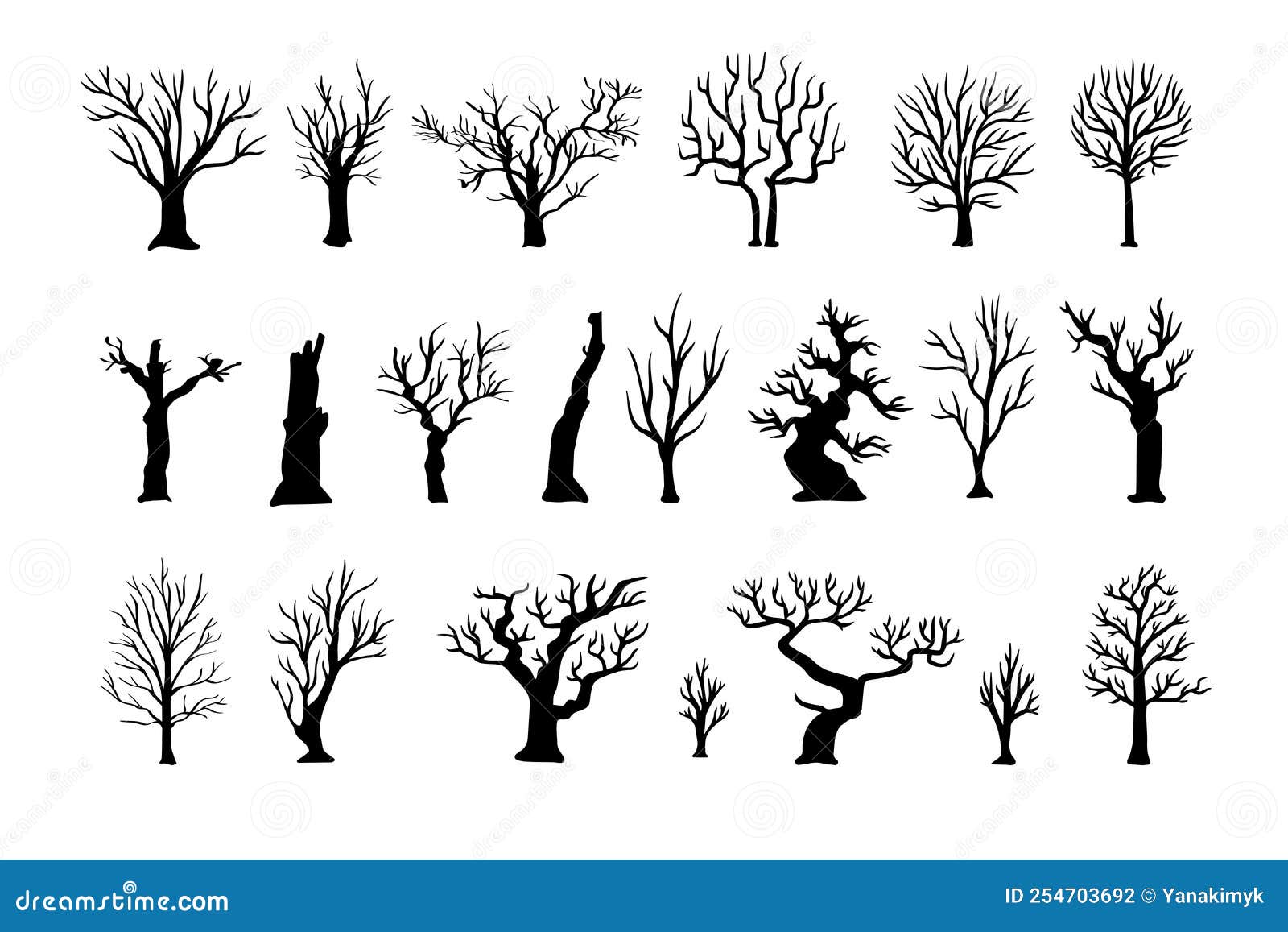 Silhouette Dead Dry Tree Set. Black Tree on White Background Stock ...