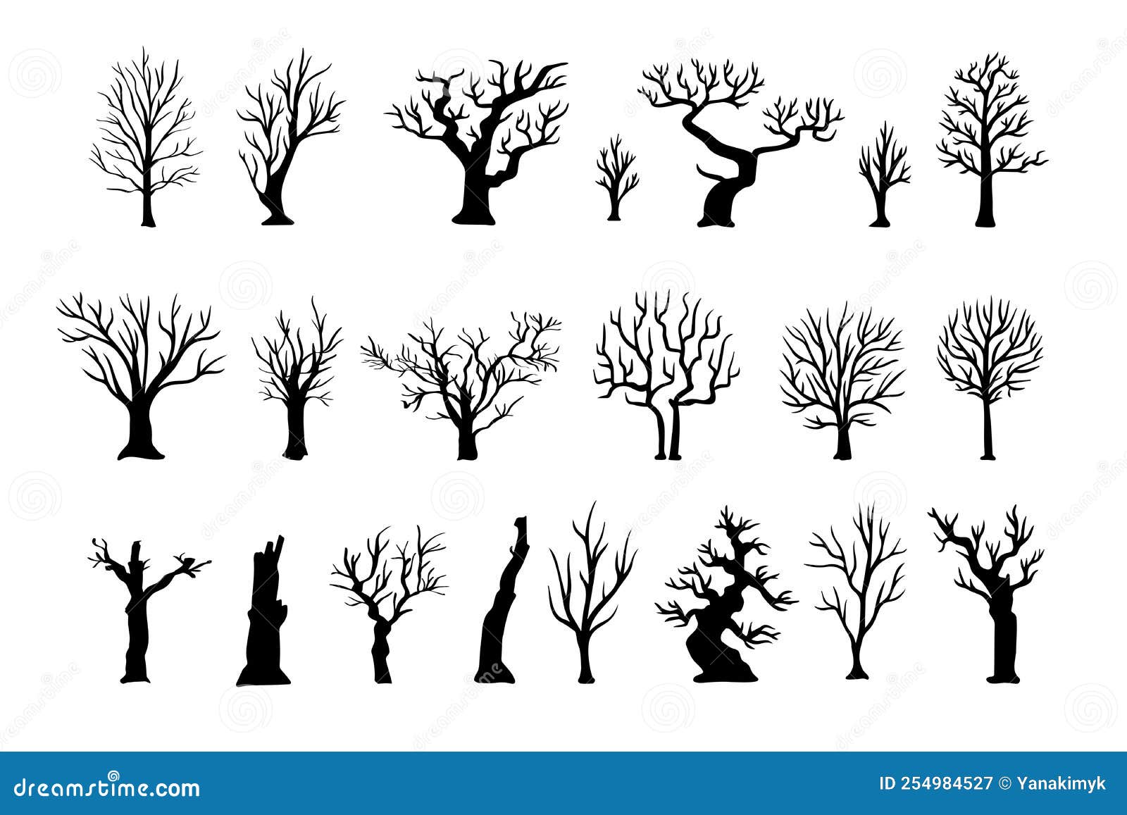 Silhouette Dead Dry Tree Set. Black Tree on White Background Stock ...