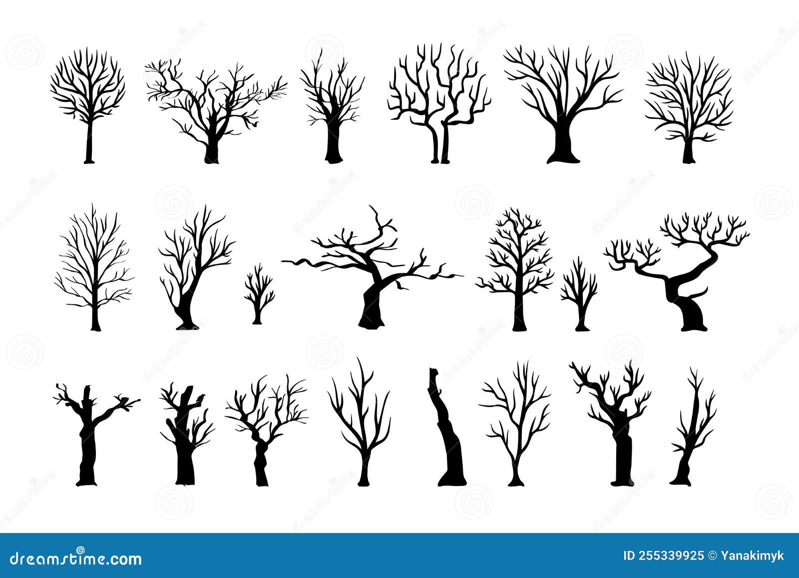 Silhouette Dead Dry Tree Set. Black Tree on White Background Stock ...