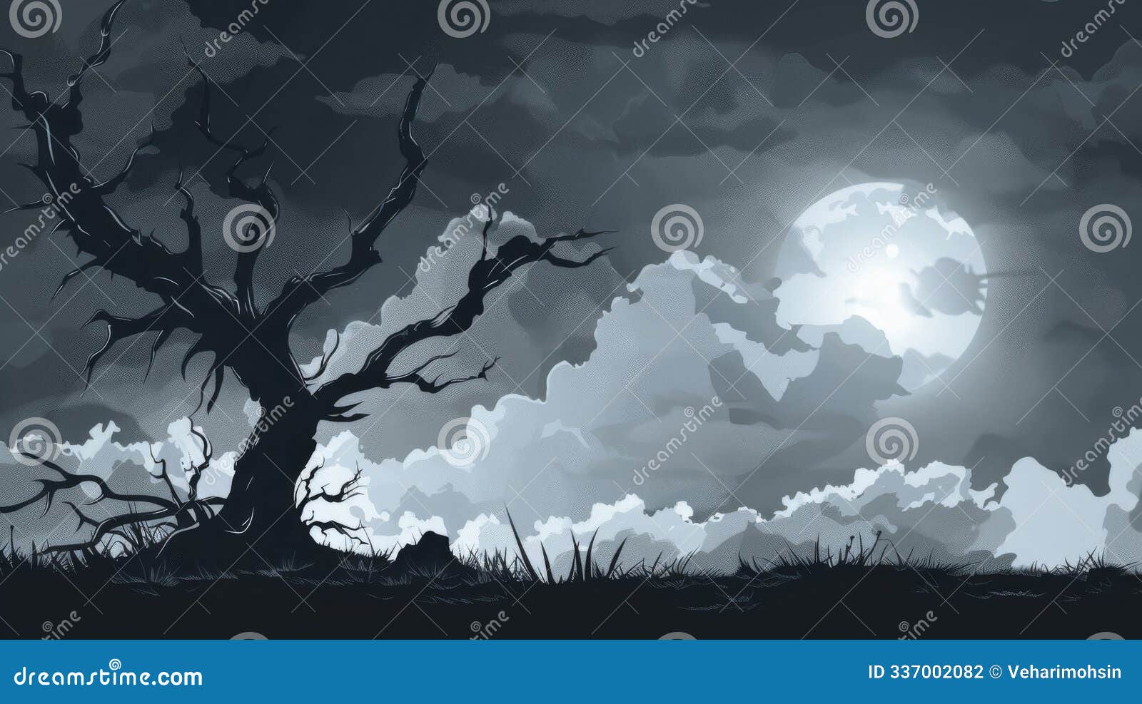 Silhouette Dead Tree on Dark Dramatic Sky and White Clouds Background ...
