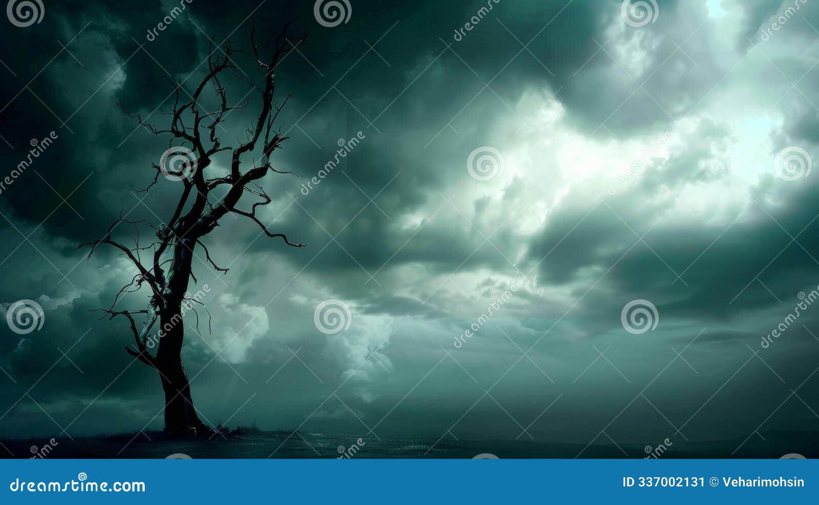 Silhouette Dead Tree on Dark Dramatic Sky and White Clouds Background ...
