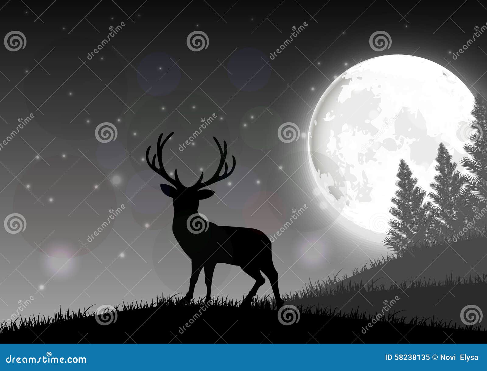 Silhouette of a Deer Standing on a Hill at Night with Moon Stock Vector - Illustration of black ...