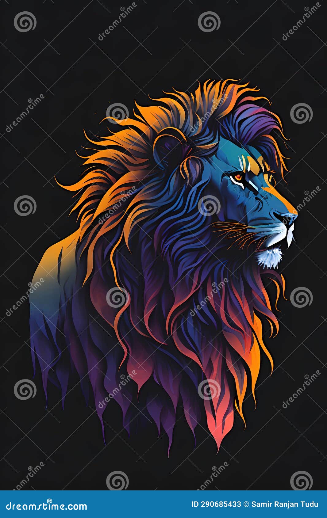 A Silhouette Design of a Lion, a Sunset Design, Bright, Bold Colours ...