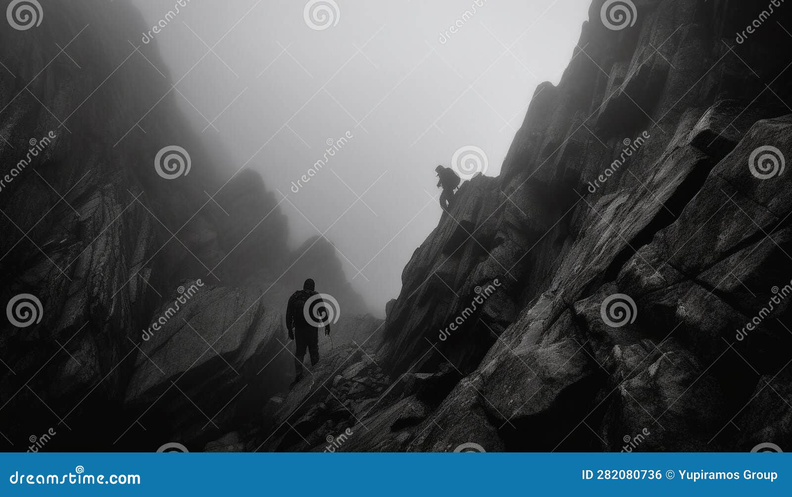 Silhouette of Determined Man Conquering Mountain Peak in Monochrome ...