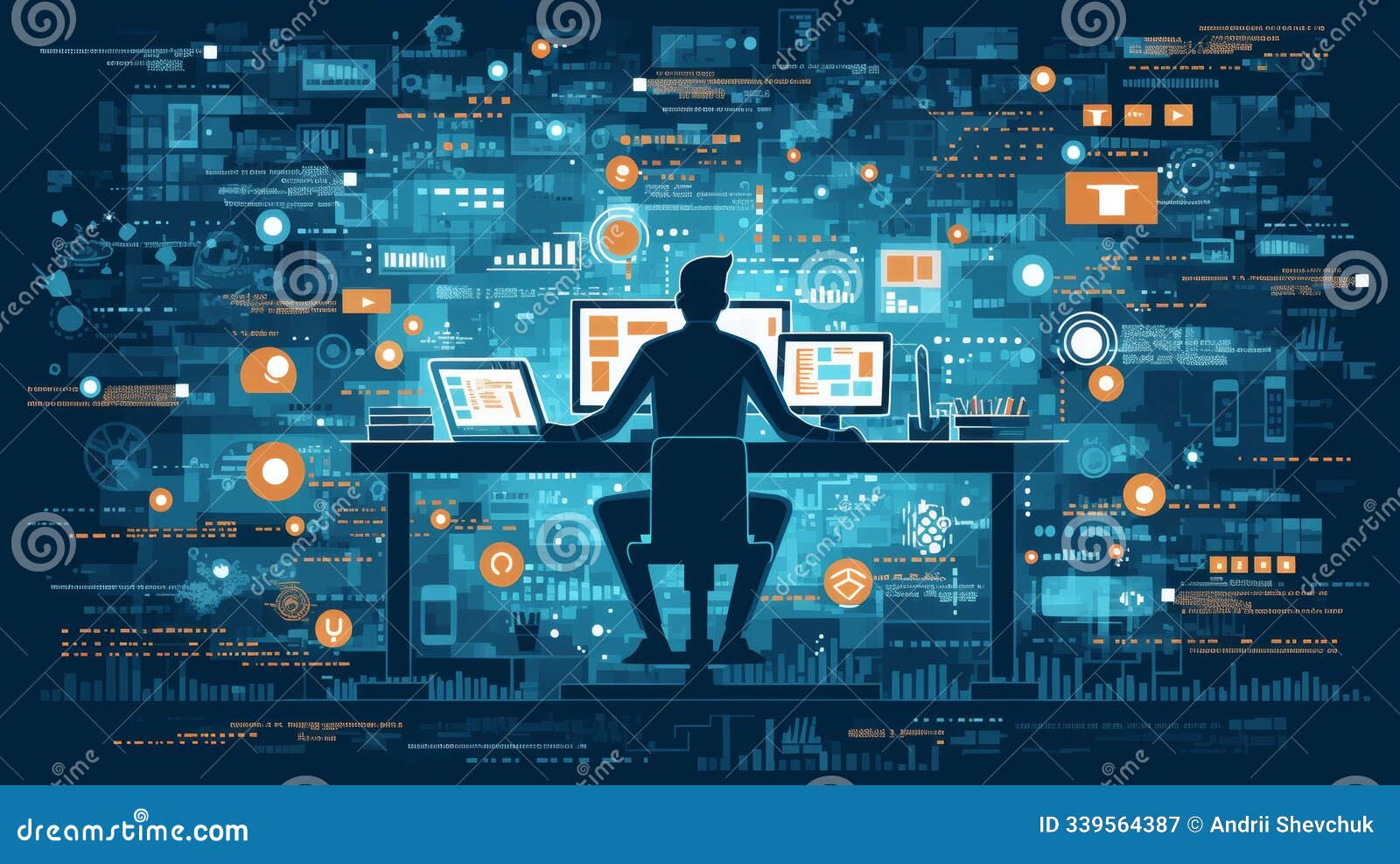 Silhouette of Developer Working on Complex IoT Software Project at Desk ...