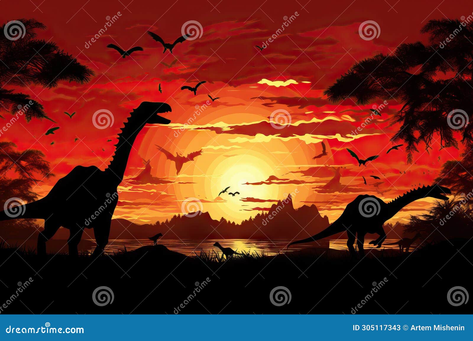 Silhouette of Dinosaurs in the Sunset. Stock Illustration ...