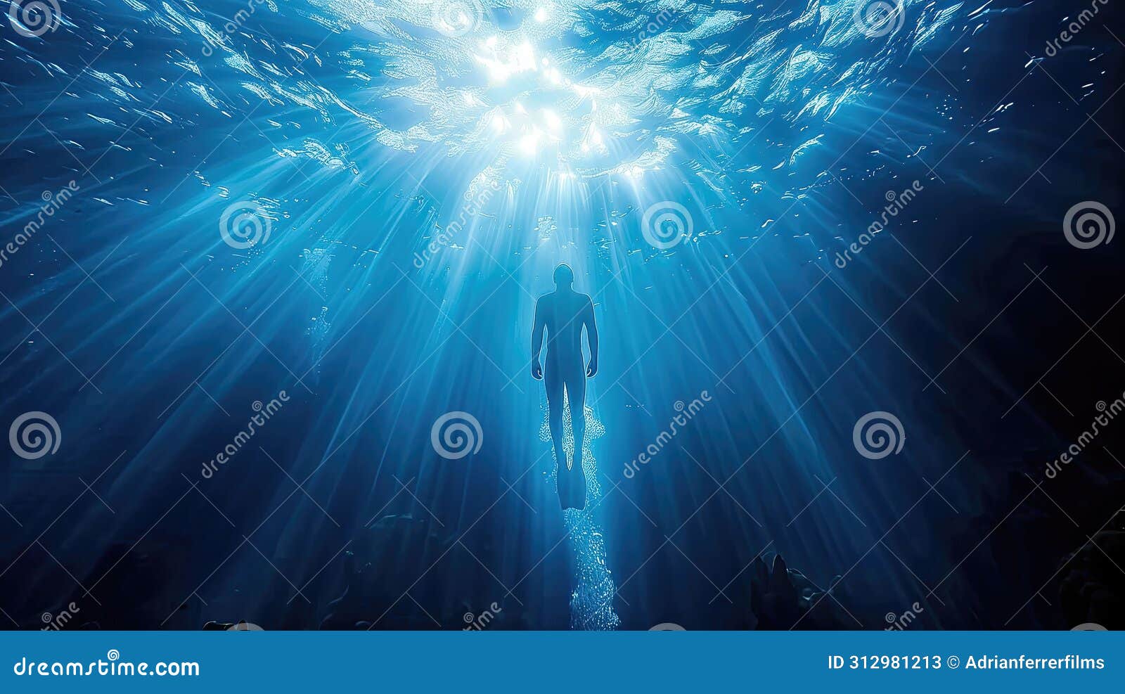 Silhouette of a Diver Ascending Towards the Water S Surface with Light ...