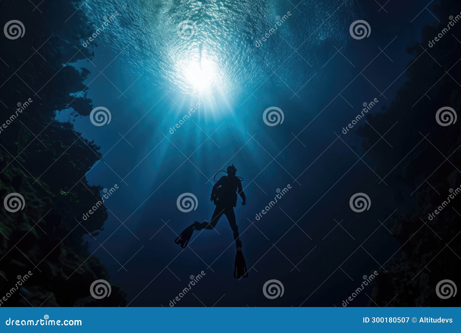 Silhouette of Diver Descending into Deep Blue Ocean Stock Image - Image ...