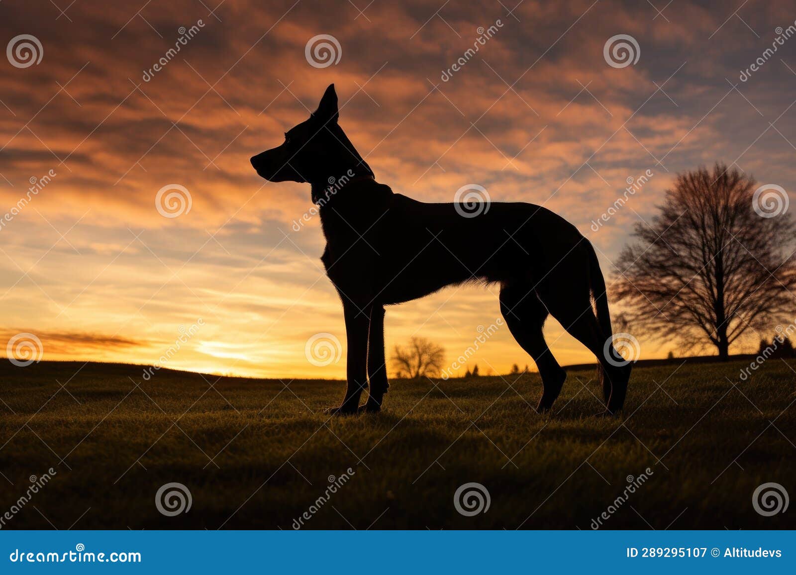 Silhouette of a Dog at Sunset in a Grassy Park Stock Image - Image of ...