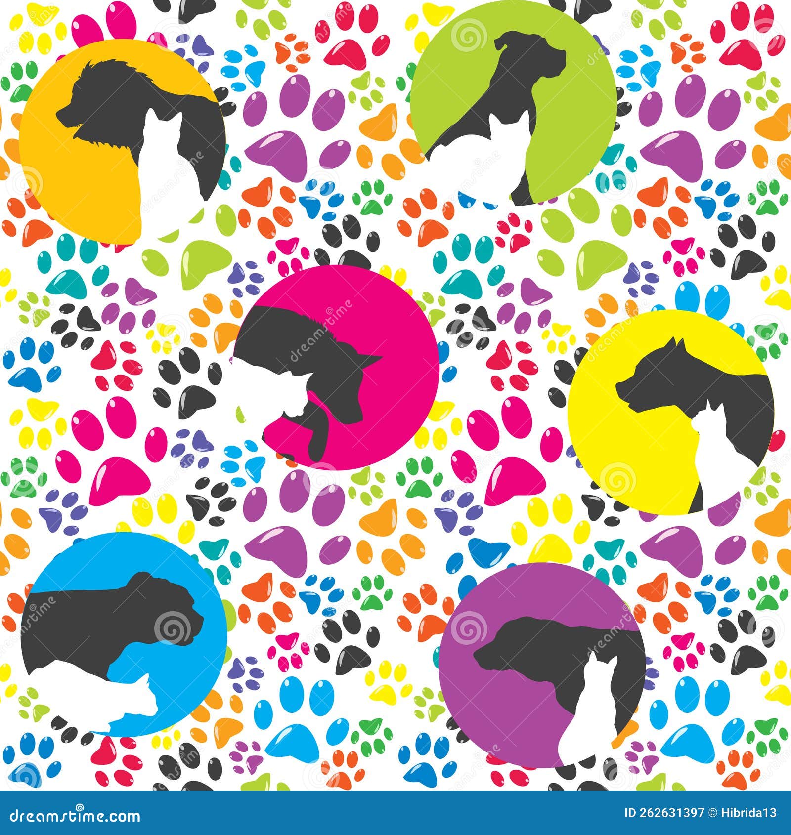 Silhouette of Dogs and Cats on Colored Paws Background Stock Vector ...