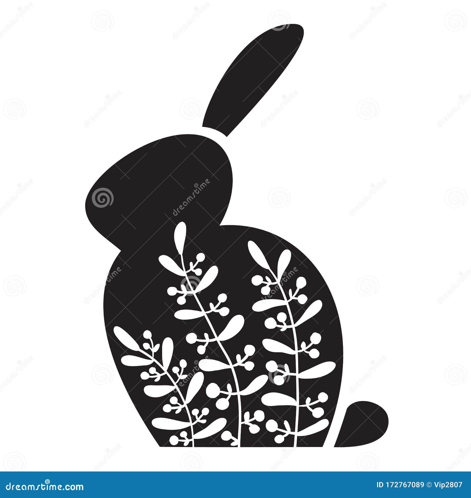 Silhouette of an Easter Bunny with White Flowers on it. Black Rabbit ...