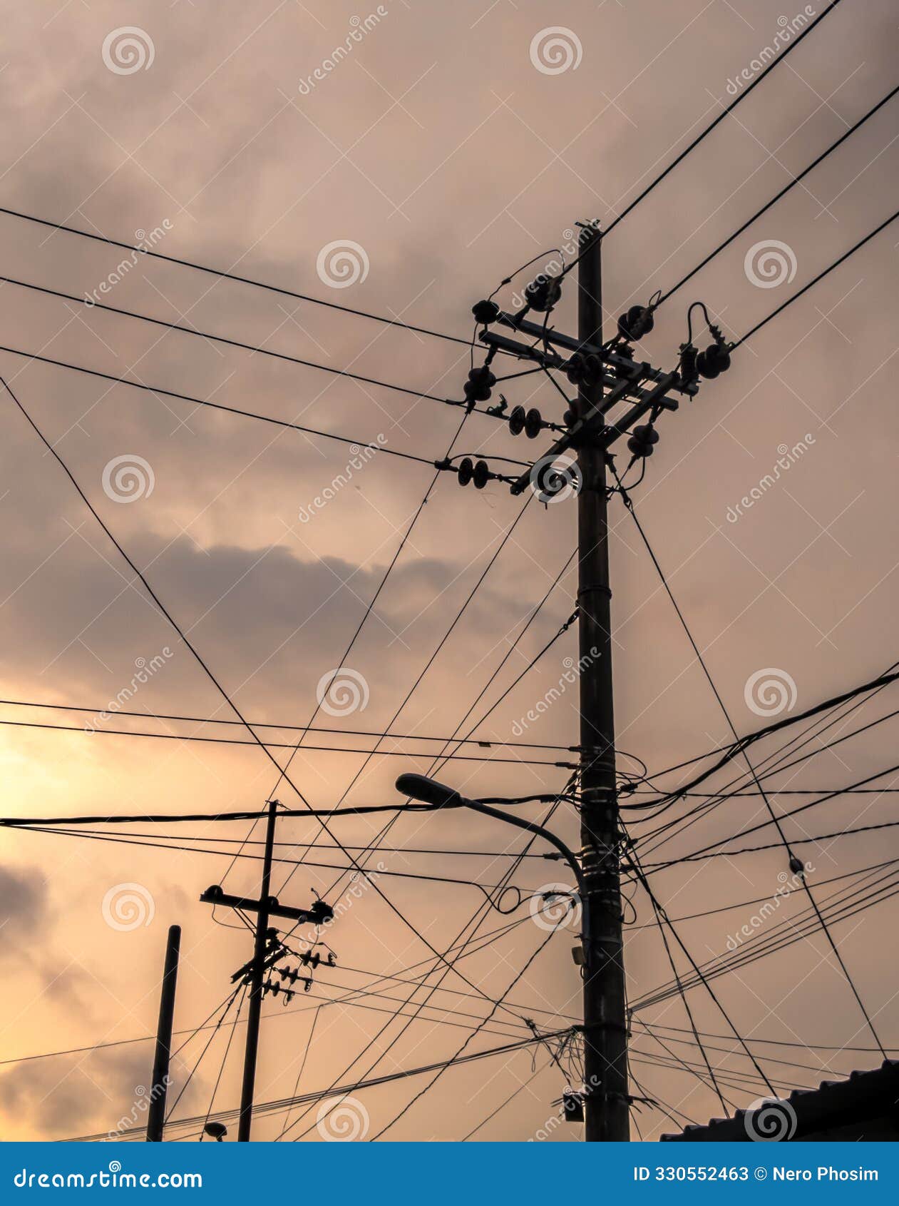 SILHOUETTE of ELECTRIC POLE of CABLE NETWORK with DUSK BACKGROUND Stock ...
