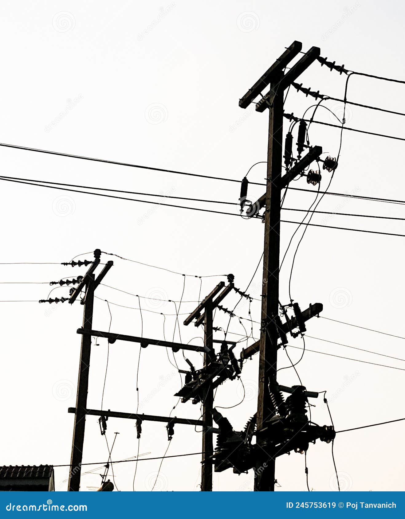 Silhouette of Electric Post and Cable on White Background. Stock Image ...