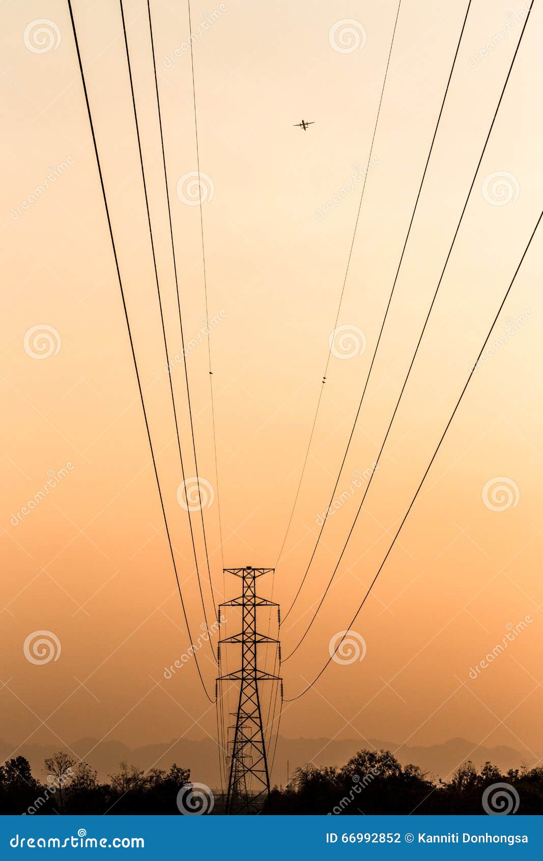 Silhouette of Electrical Tower with Airplan Stock Photo - Image of line ...