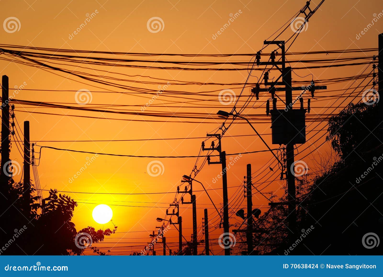 Silhouette Electricity Pole With Sunset Sky And Hill Stock Photo ...