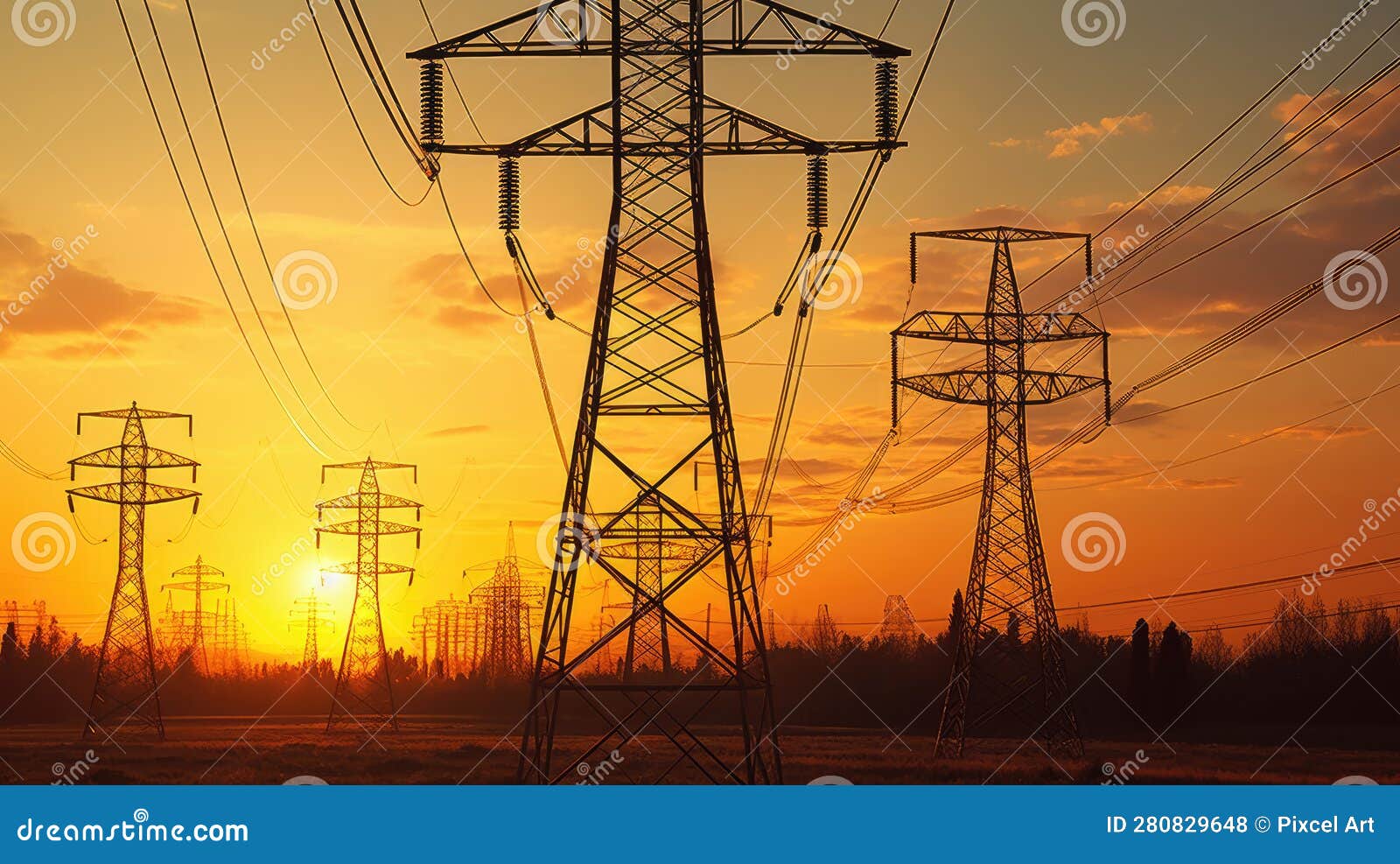 Silhouette Electricity Pylons at Sunset Stock Illustration ...