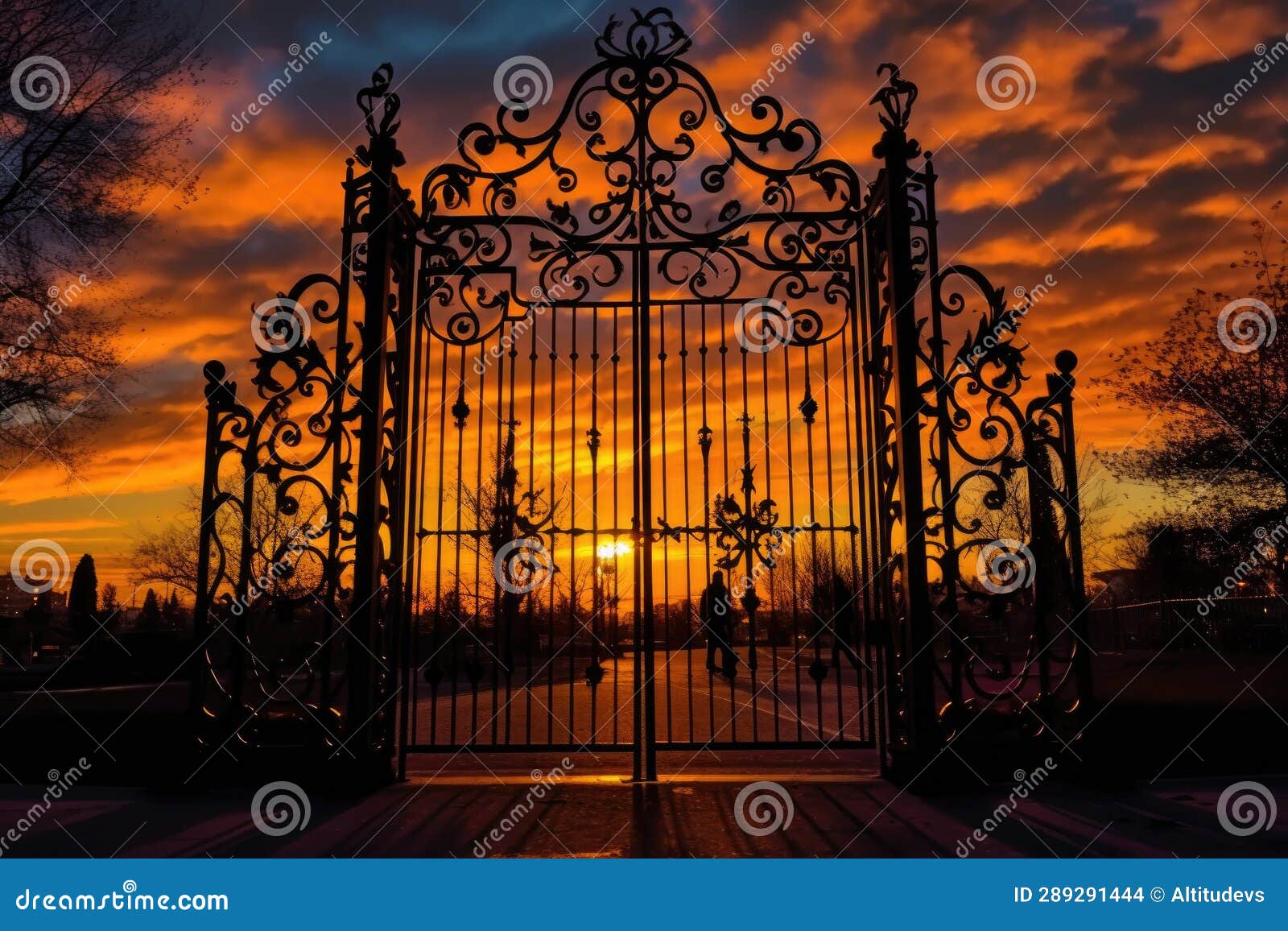 Silhouette of an Elegant Wrought Iron Gate at Sunset Stock Photo ...
