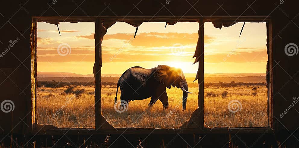A Silhouette of an Elephant at Sunset, Viewed through a Shattered ...
