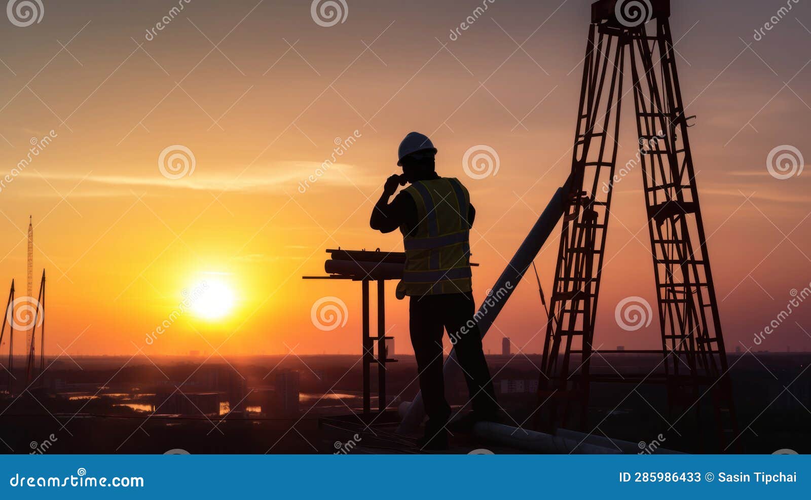 Silhouette of Engineer Checking Project at Building Site Background ...