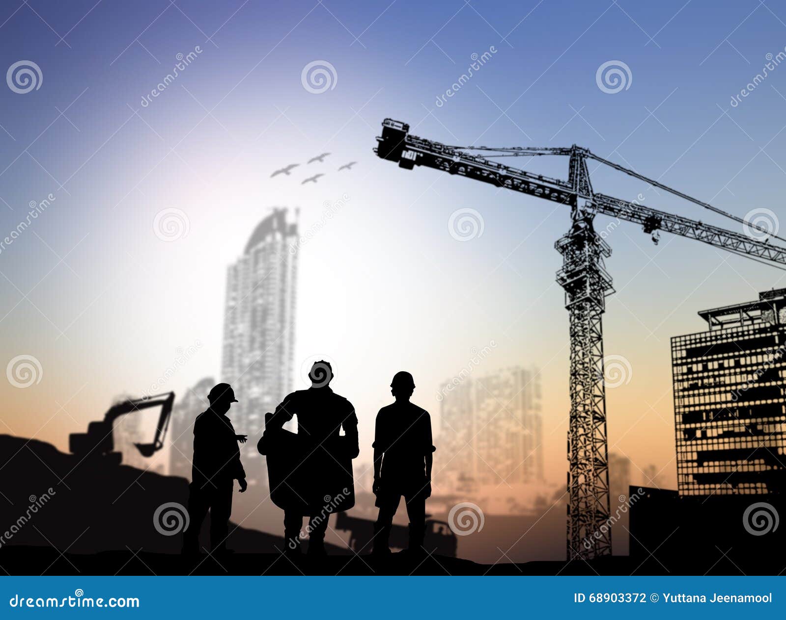 Silhouette Engineer Looking at Blueprints Blurred Construction S Stock ...