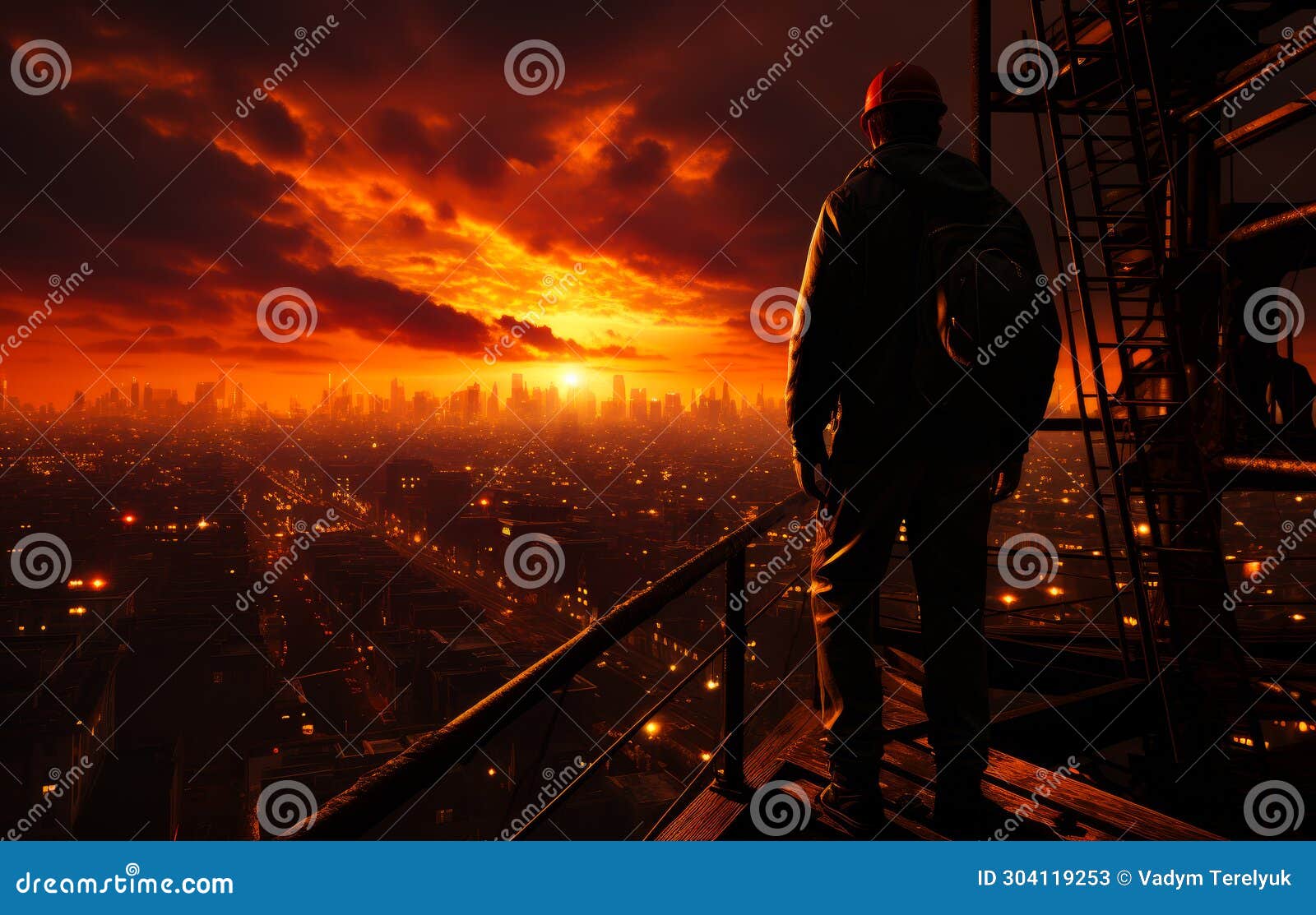 Silhouette of Engineer at Orange Sunset. Building Constructive Shadow ...