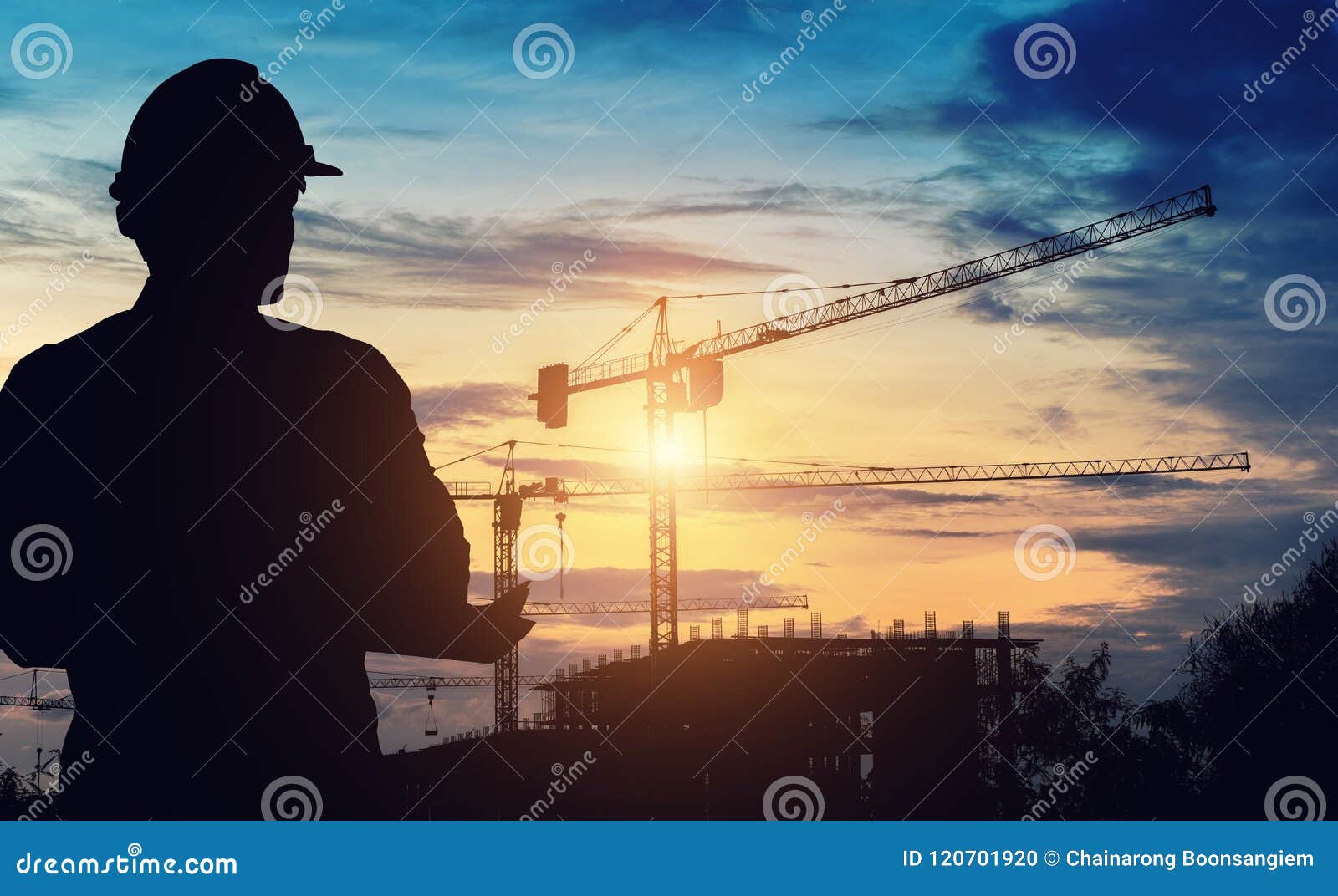 Silhouette Engineer Standing Work on Construction. Stock Photo - Image ...