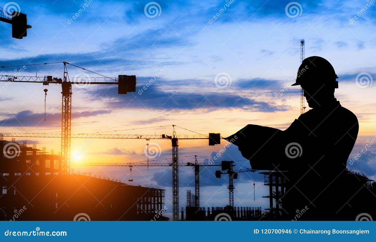 Silhouette Of Engineer And Worker Building Construction Site Background ...
