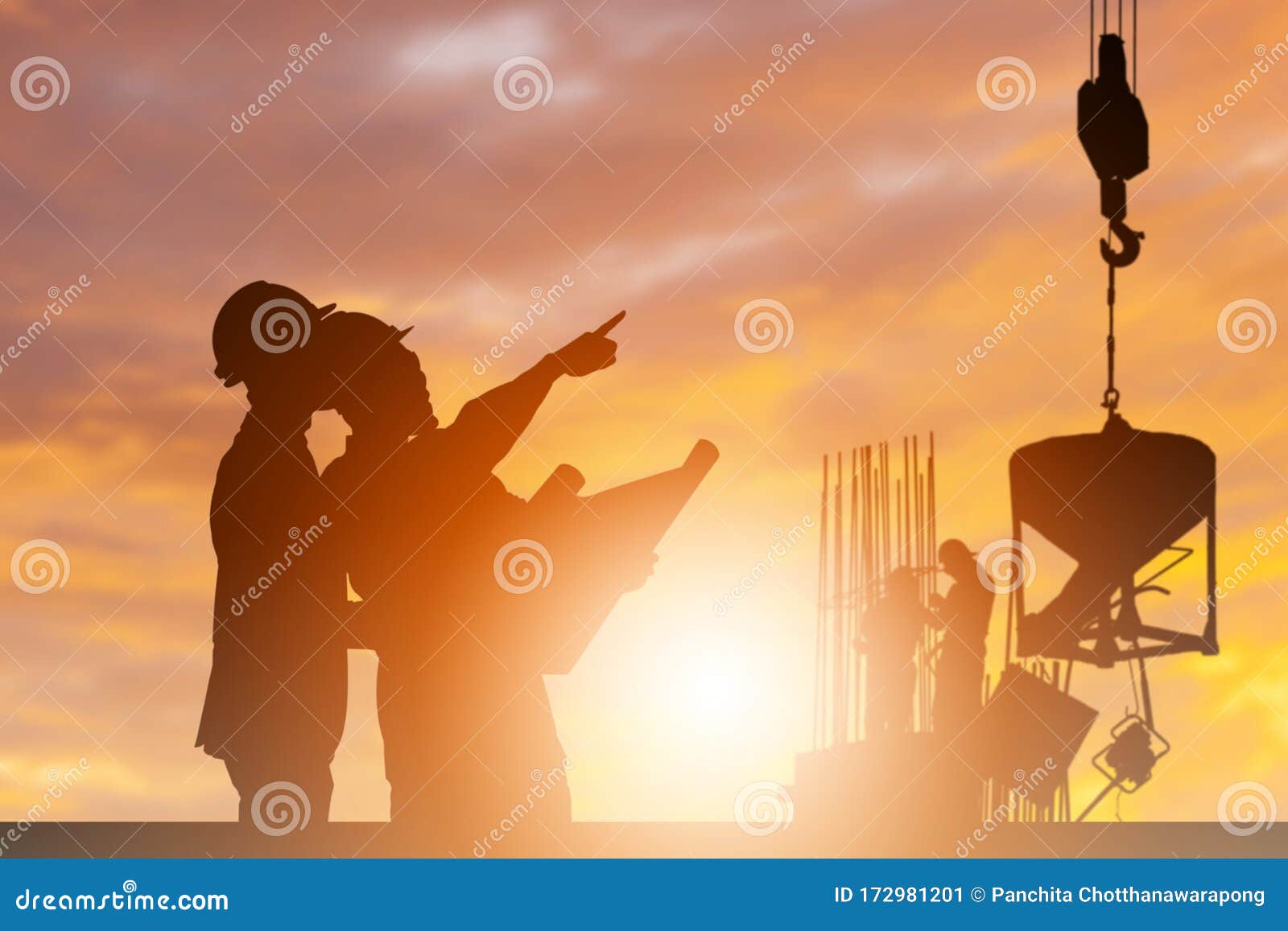 Silhouette Of Engineer And Worker Building Construction Site Background ...