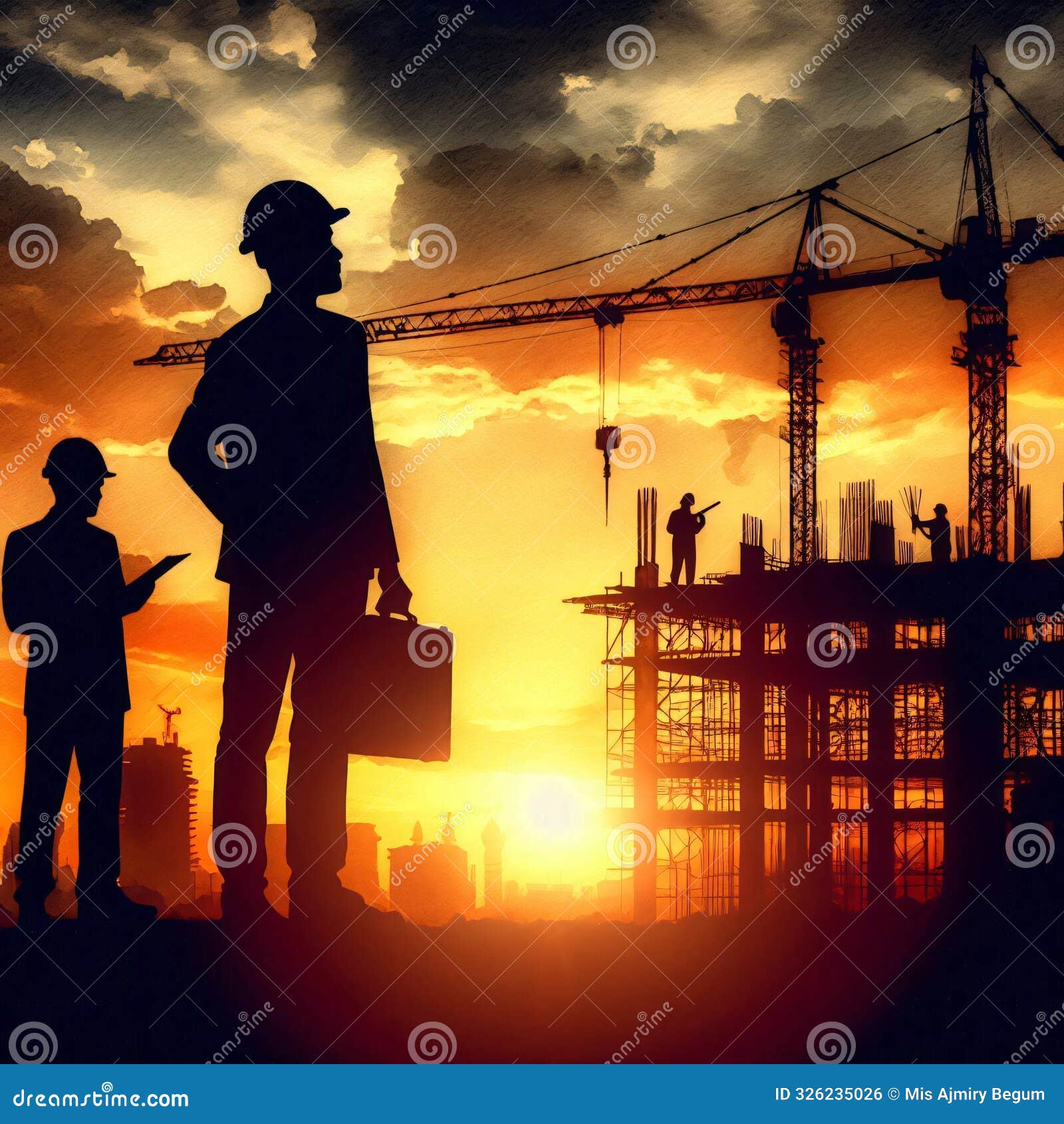 Silhouette Engineer Standing Orders For Construction Crews To Work On ...