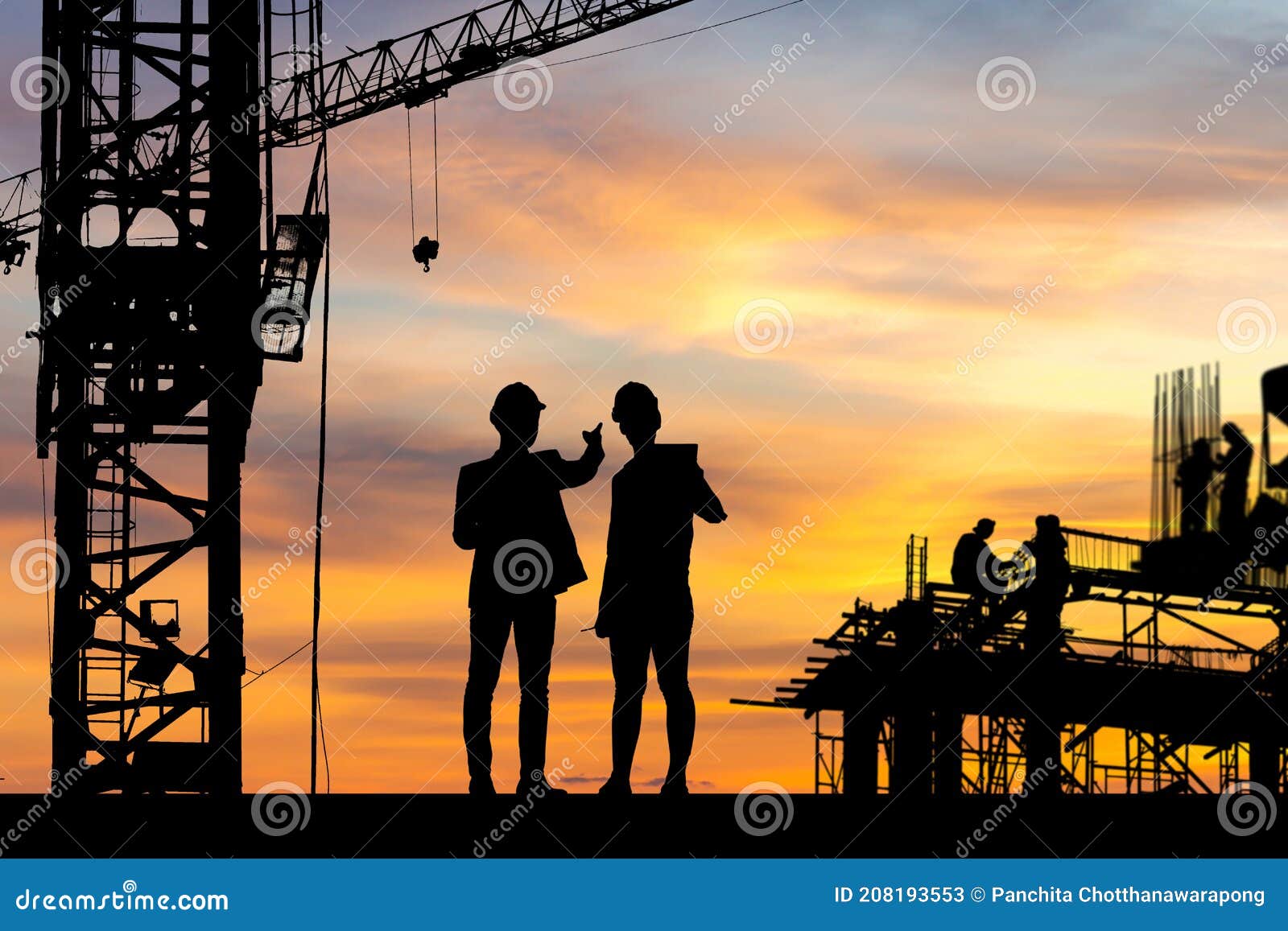 Silhouette Engineer Looking Construction Worker Under Tower Cran In A ...