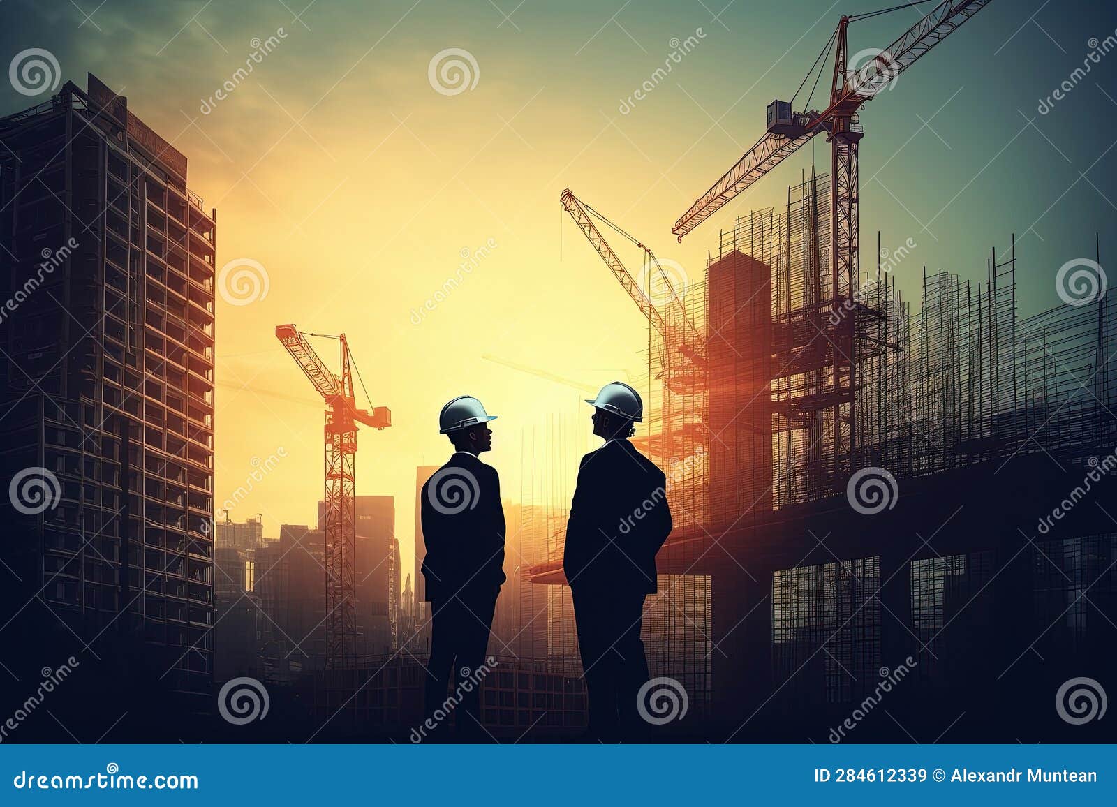 Silhouette of Engineer and Worker on Building Site at Sunset Stock ...